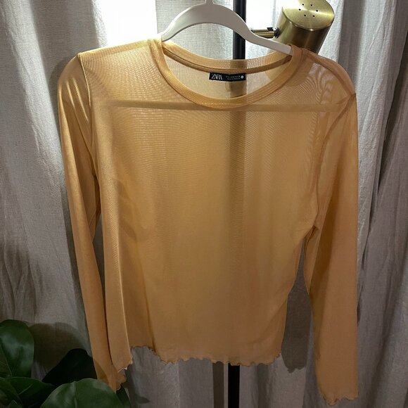 Zara | Tops | Zara Tan Netting Long Sleeve Womens Med | Poshmark
